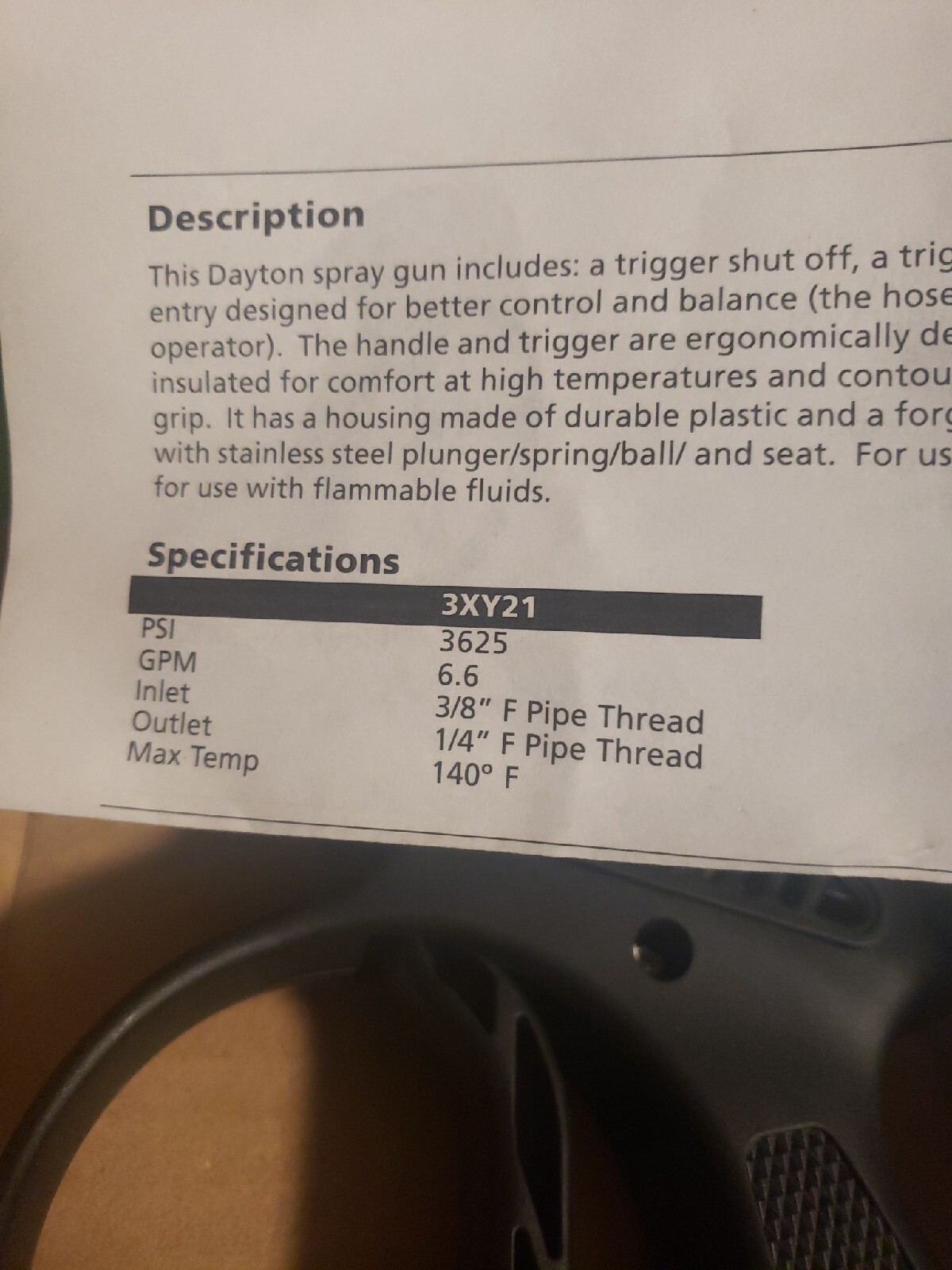 Dayton Spray Gun 3XY21, 3625 PSI 6.6 GPM 140° 3/8" Inlet 1/4" Outlet ...