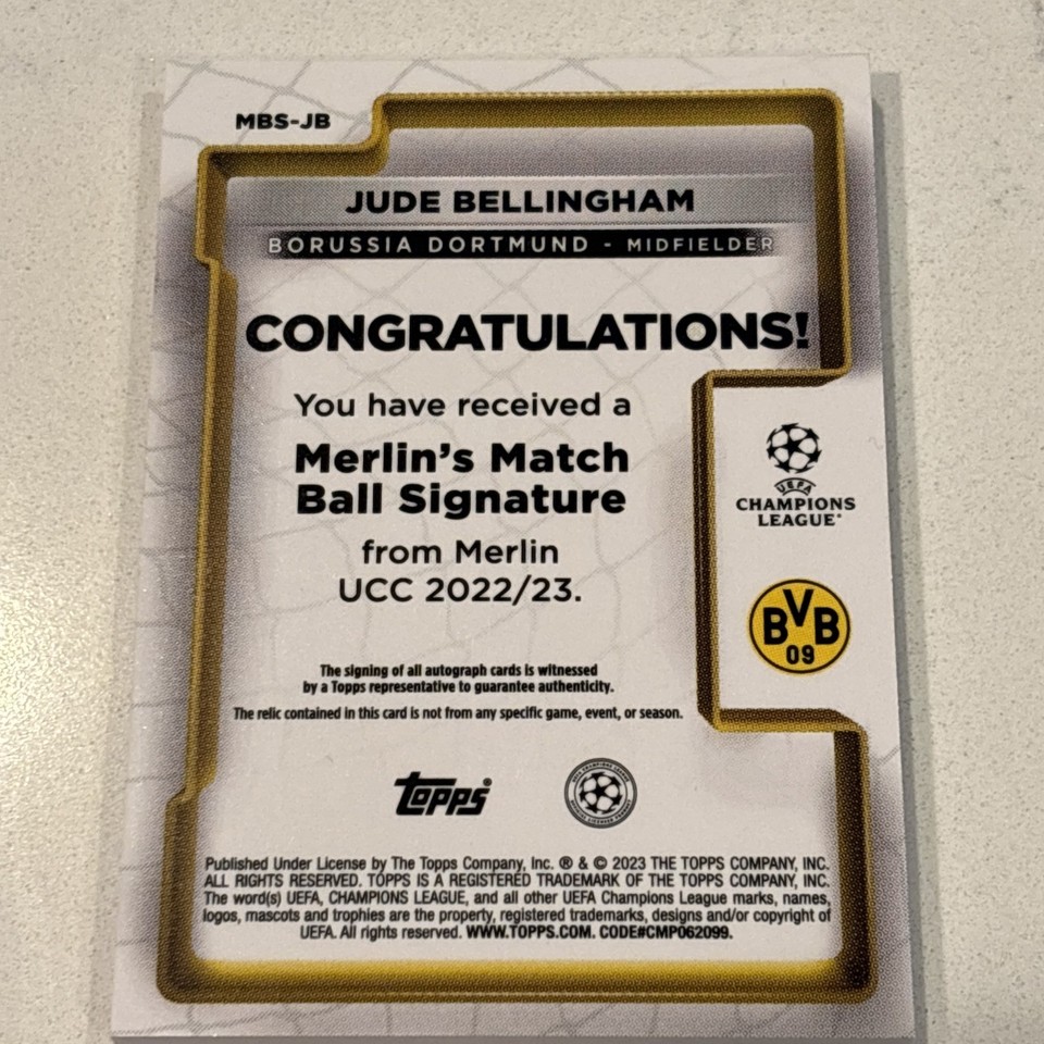 2022/23 Topps Merlin Jude Bellingham Match Ball Signatures #MBS-JB Red ...