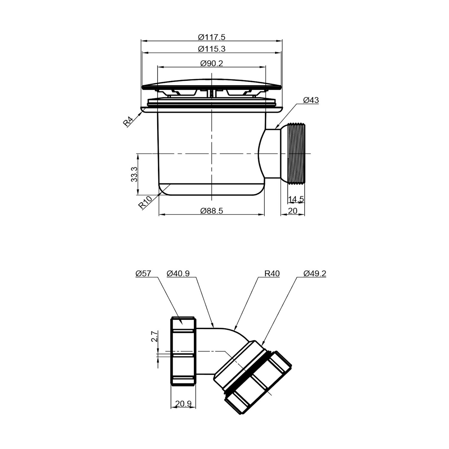 90mm Shower Tray Waste Trap Hi-Flow Fast Black Vented Dome Cover Easy ...
