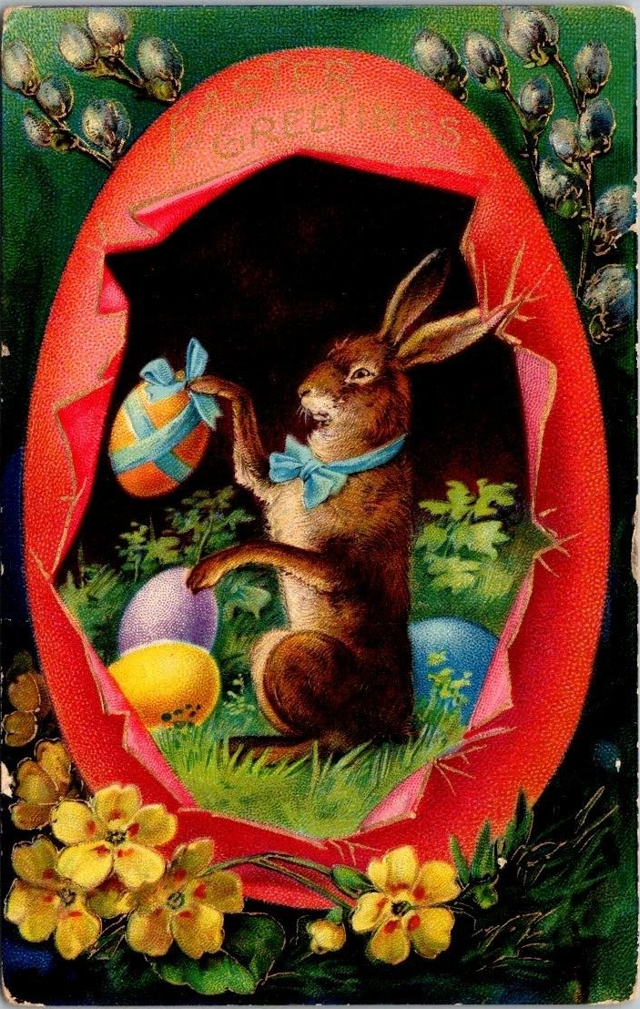Colorful Easter Postcard Rabbit Blue Bow Tie Egg Frame Eggs Embossed ...