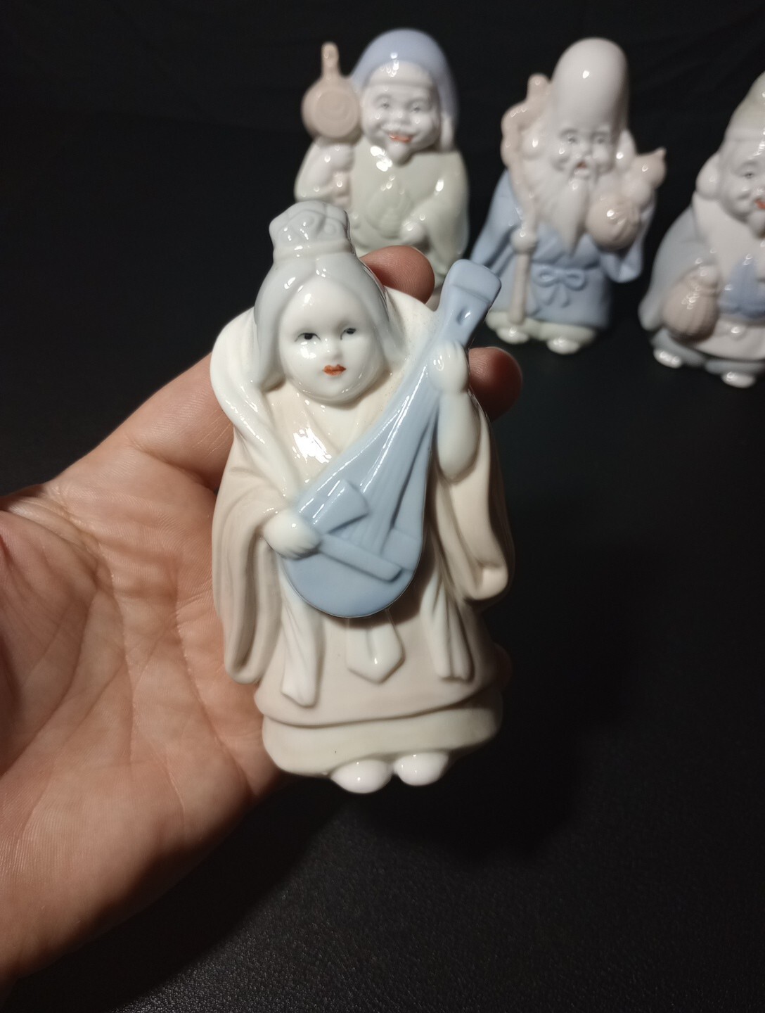 Pair of Yashimi K Porcelain Light Blue Dragon & 7 Lucky Gods Figurines ...