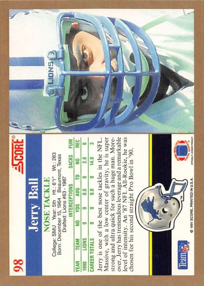 1991 Score #98 Jerry Ball EX Excellent Lions | eBay
