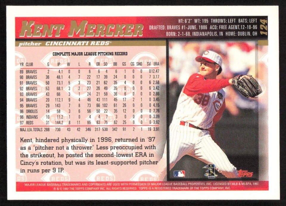 1998 Topps Baseball Kent Mercker #124 Cincinnati Reds | eBay