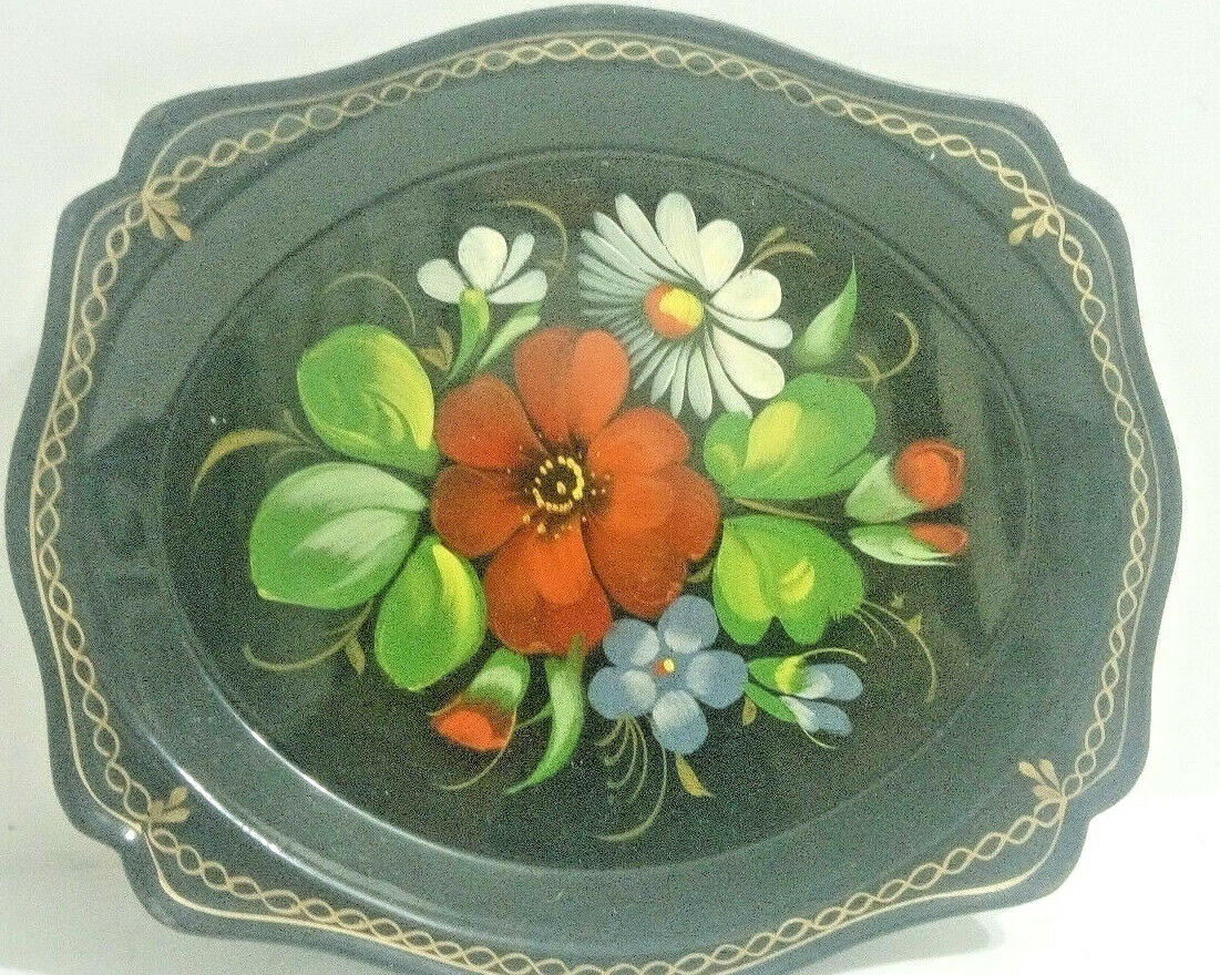 Floral serving tray tole painted metal Zhostovo vintage-Soviet-era ...