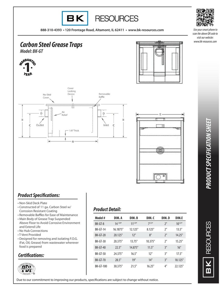 GT-100 Grease Trap Interceptor 100 lbs Oil Capcty 50 GPM Rate Flow PDI ...