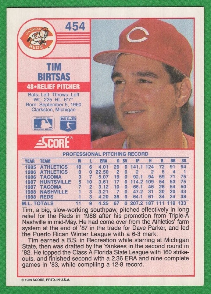 Tim Birtsas - 1989 Score #454 - Cincinnati Reds Baseball Card | eBay