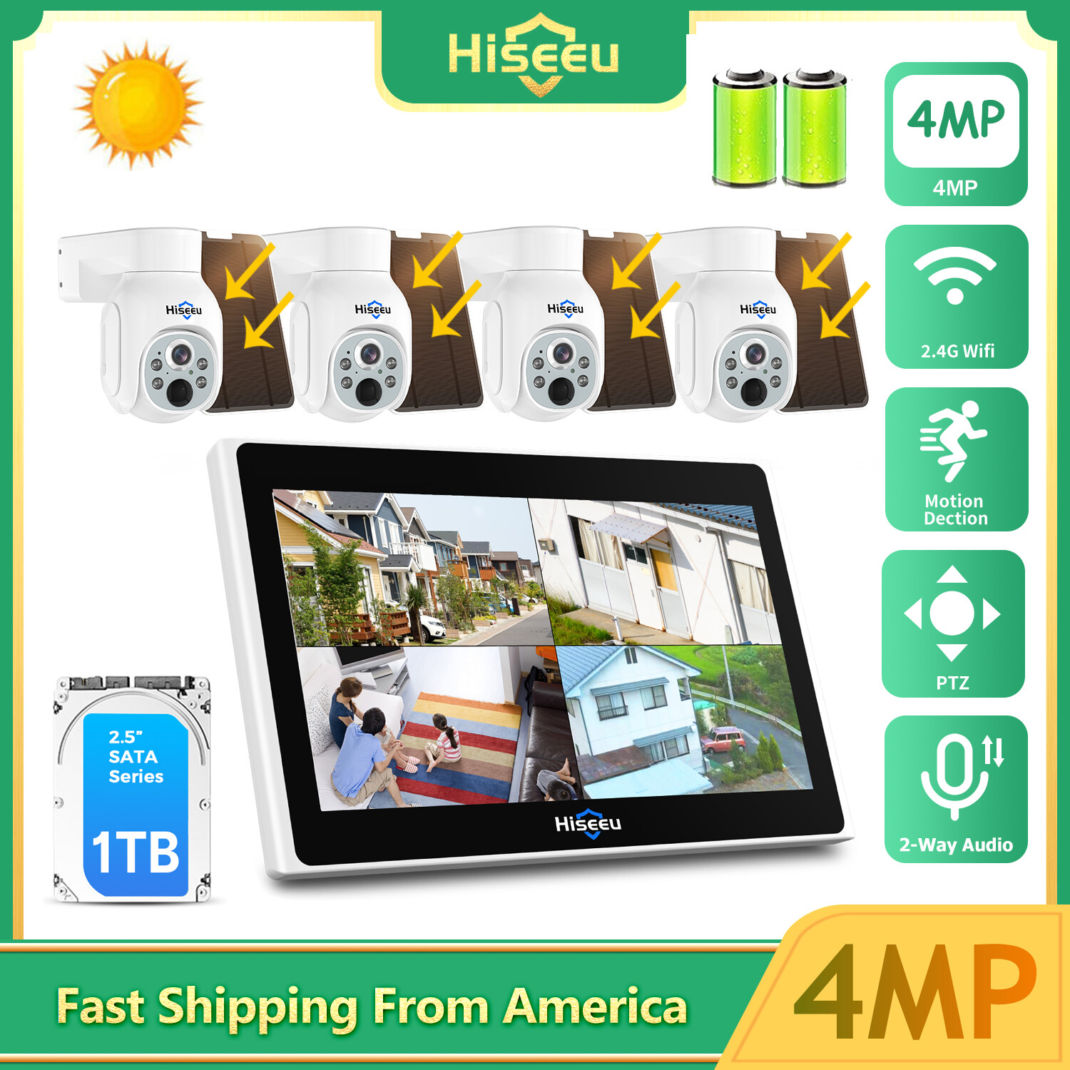 Hiseeu 10CH 2K 4MP Solar Powered Battery Wireless Security Camera ...