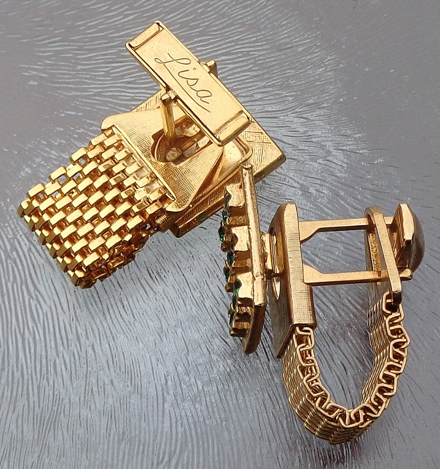 Vintage Pair Green Rhinestone Wrap Around Cufflinks Gold Tone Signed ...