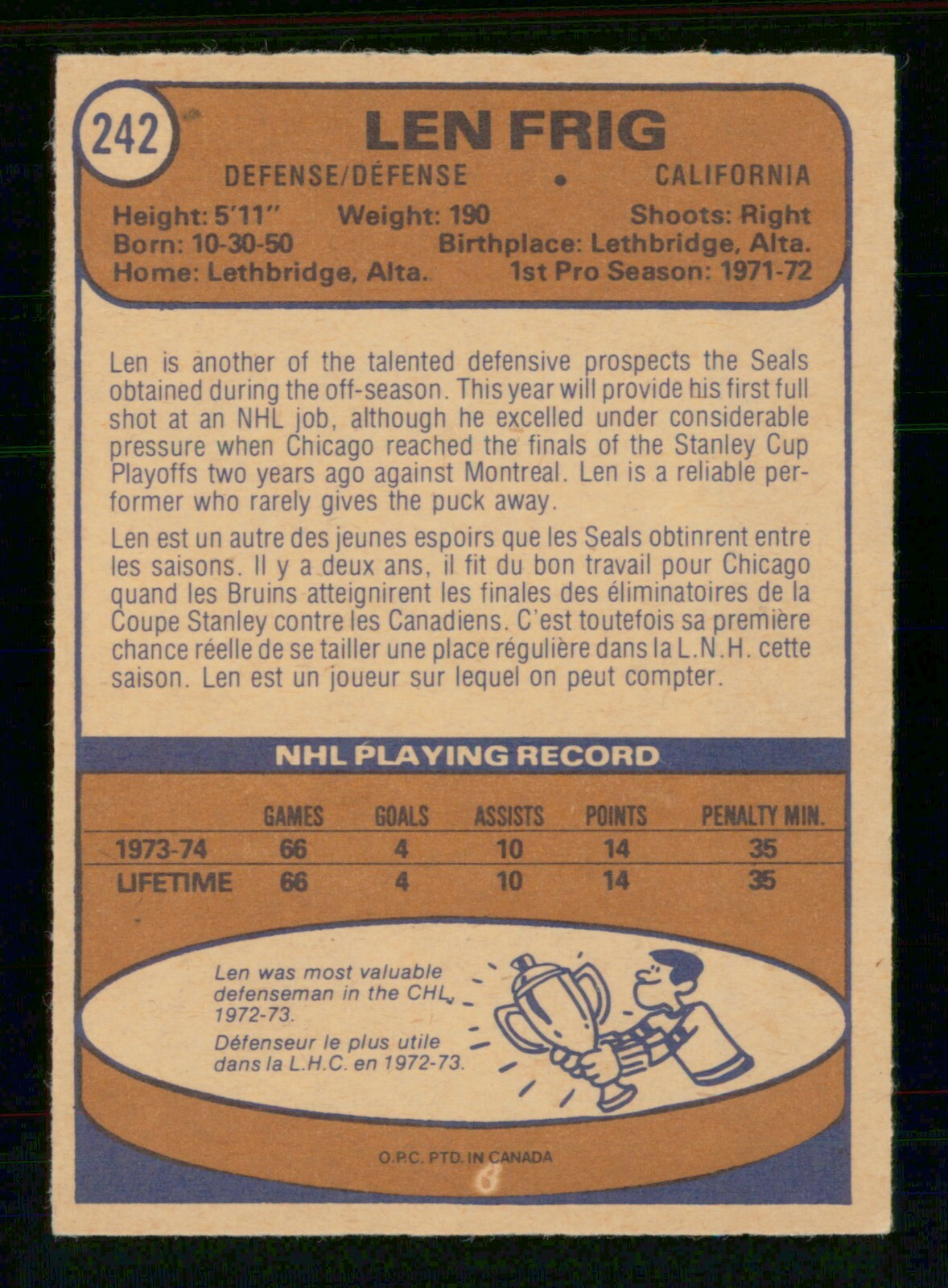 LEN FRIG RC 1974-75 O-PEE-CHEE 74-75 NO 242 EX+ 24869 | eBay