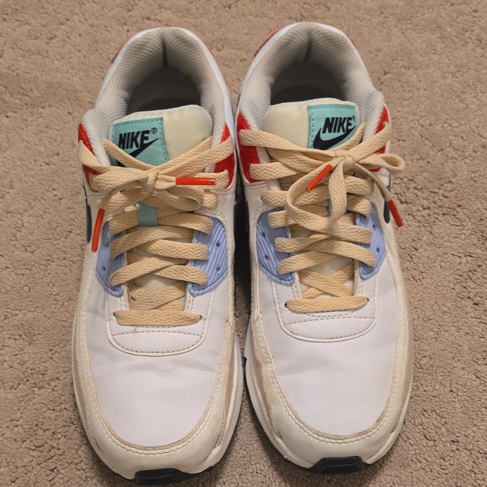 Nike Air Max 90 Colorblock White Beige Red Blue Lace Up Athletic ...