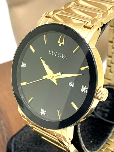 Bulova Men's Watch 97D116 Diamond Accent Black Dial Gold Stainless ...