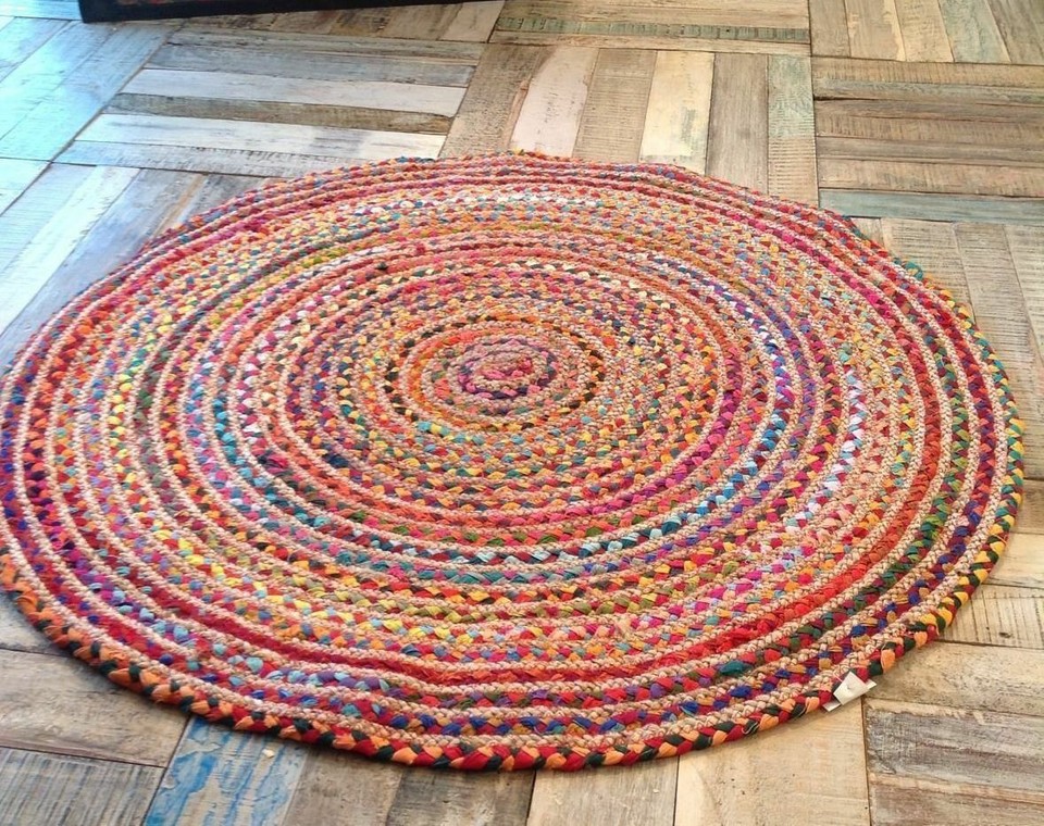 Multi Color Round Braided Indian Handmade Cotton Jute Area Floor Rug ...