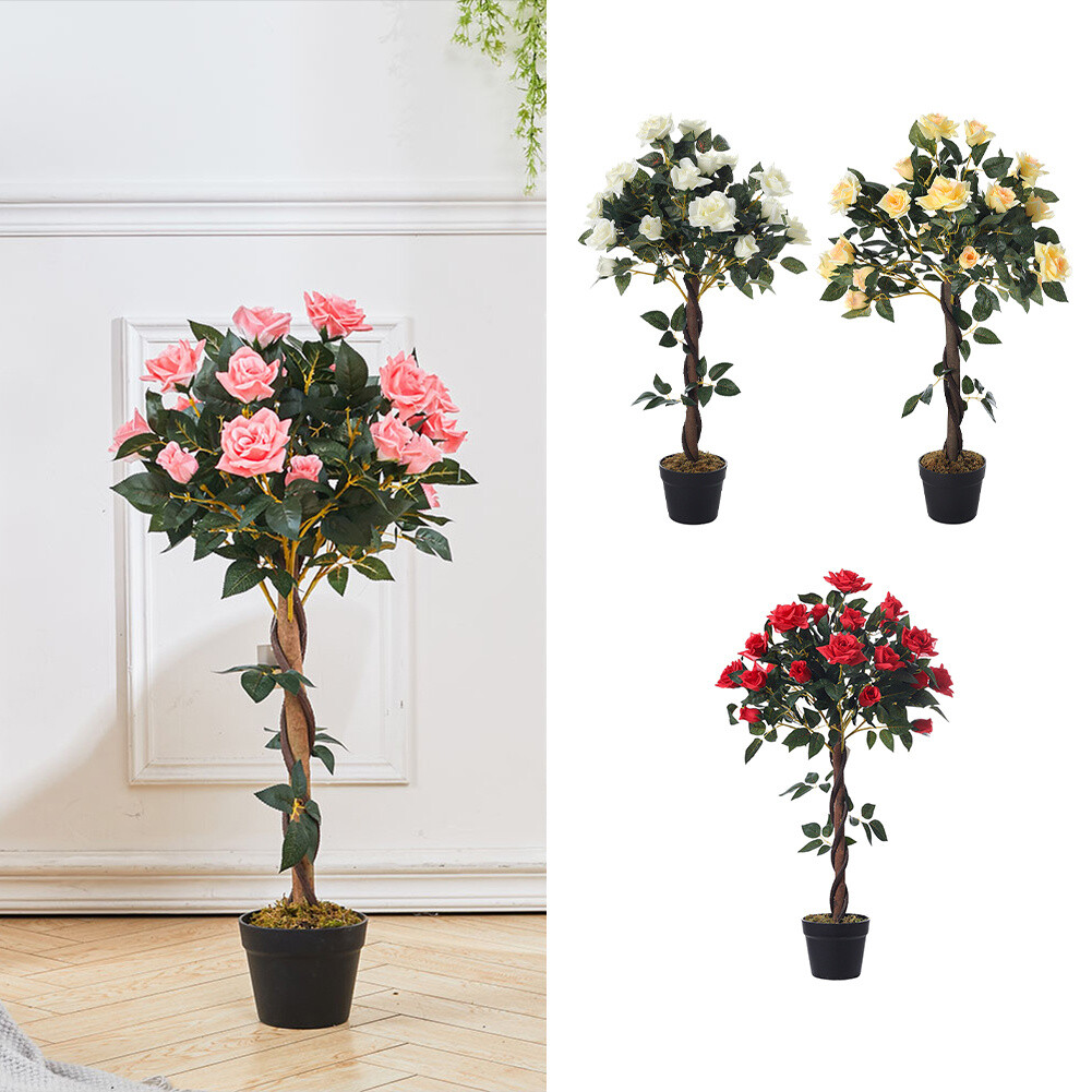 Large 90cm Artificial Rose Tree in Pot Fake Flowering Plant Outdoor ...
