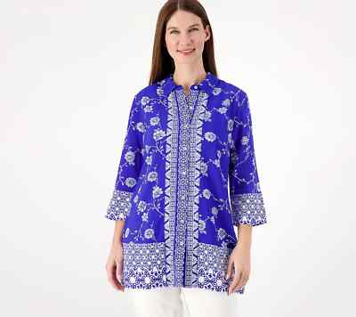 Susan Graver Passport Printed Rayon Woven 3/4-Slv Duster-Cobalt-Large ...