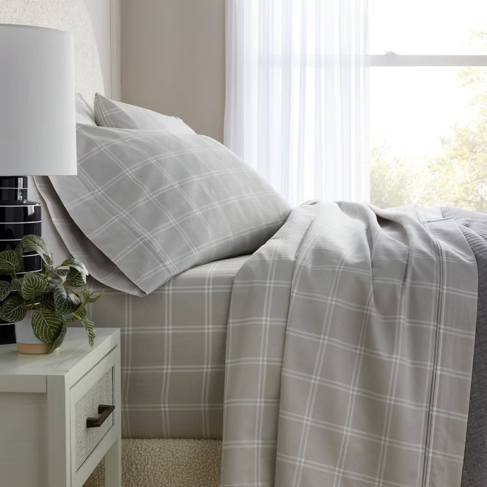 Queen 400 Thread Count Performance Sheet Set Gray Plaid - Threshold | eBay