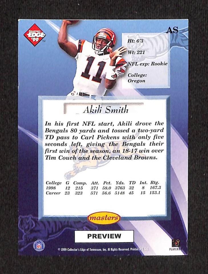 Akili Smith 1999 Edge Master's Preview Rookie Card; Bengals, Oregon ...