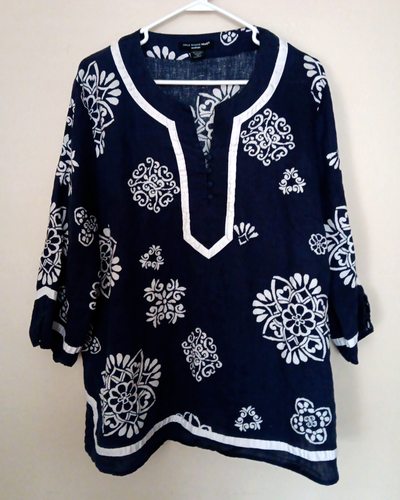 Saint Tropez West Womens Linen Tunic Sz 3X Top Blue White Boho 3/4 ...