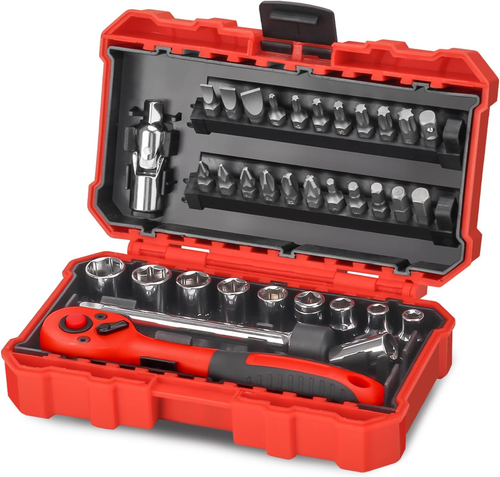 35 Pieces 1/4 Inch Drive Socket Ratchet Set, Mini Ratcheting with Bit ...