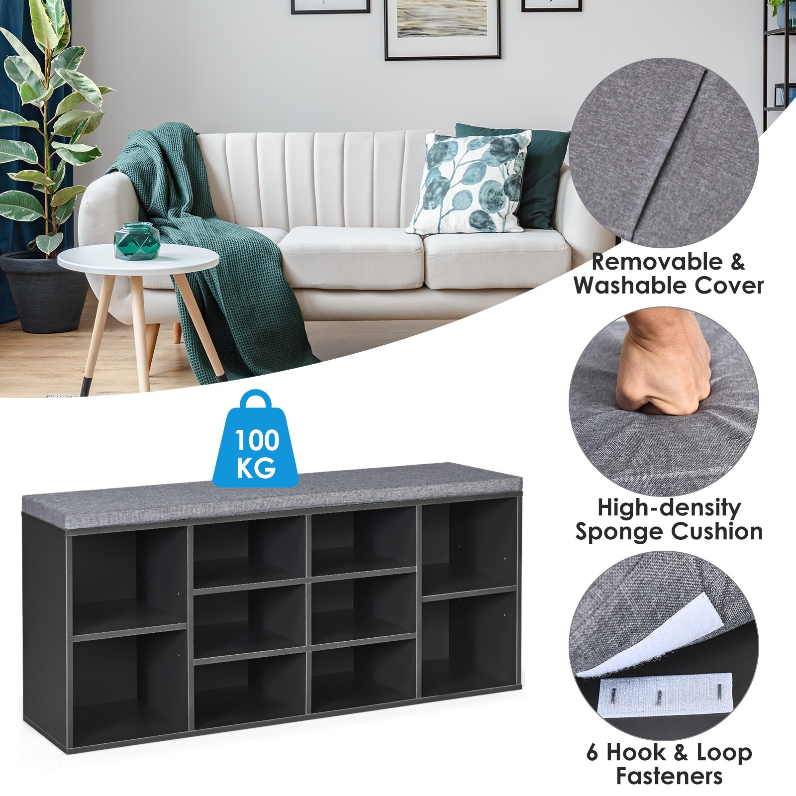 10-Cube Shoe Storage Bench Hallway Shoe Rack Cabinet Wooden Storage ...