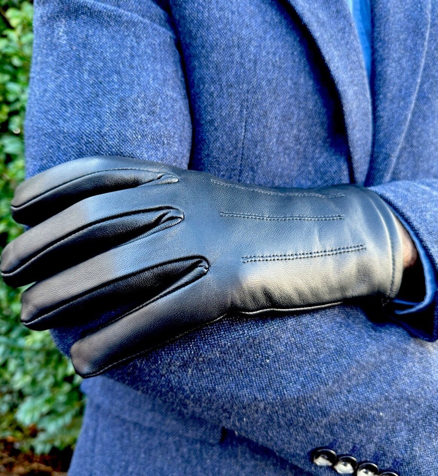 Men's Black Genuine Leather gloves Cashmere lined Warm Luxury Gloves ...