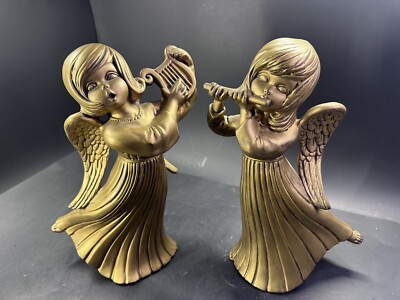 Vintage Ceramic 12" Large Angels Figurines 70s Atlantic Mold Gold ...