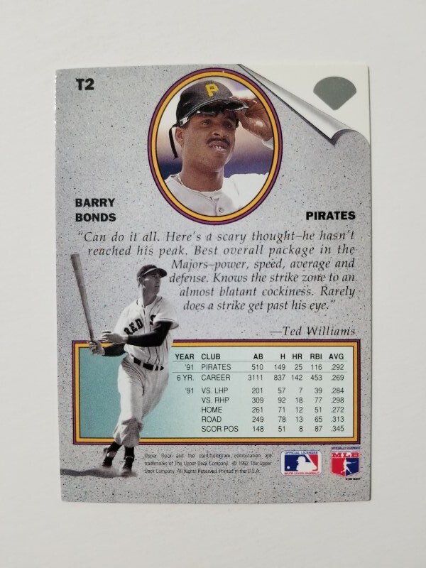 1992 UPPER DECK BARRY BONDS BASEBALL CARD #T2 PITTSBURGH PIRATES "TED ...
