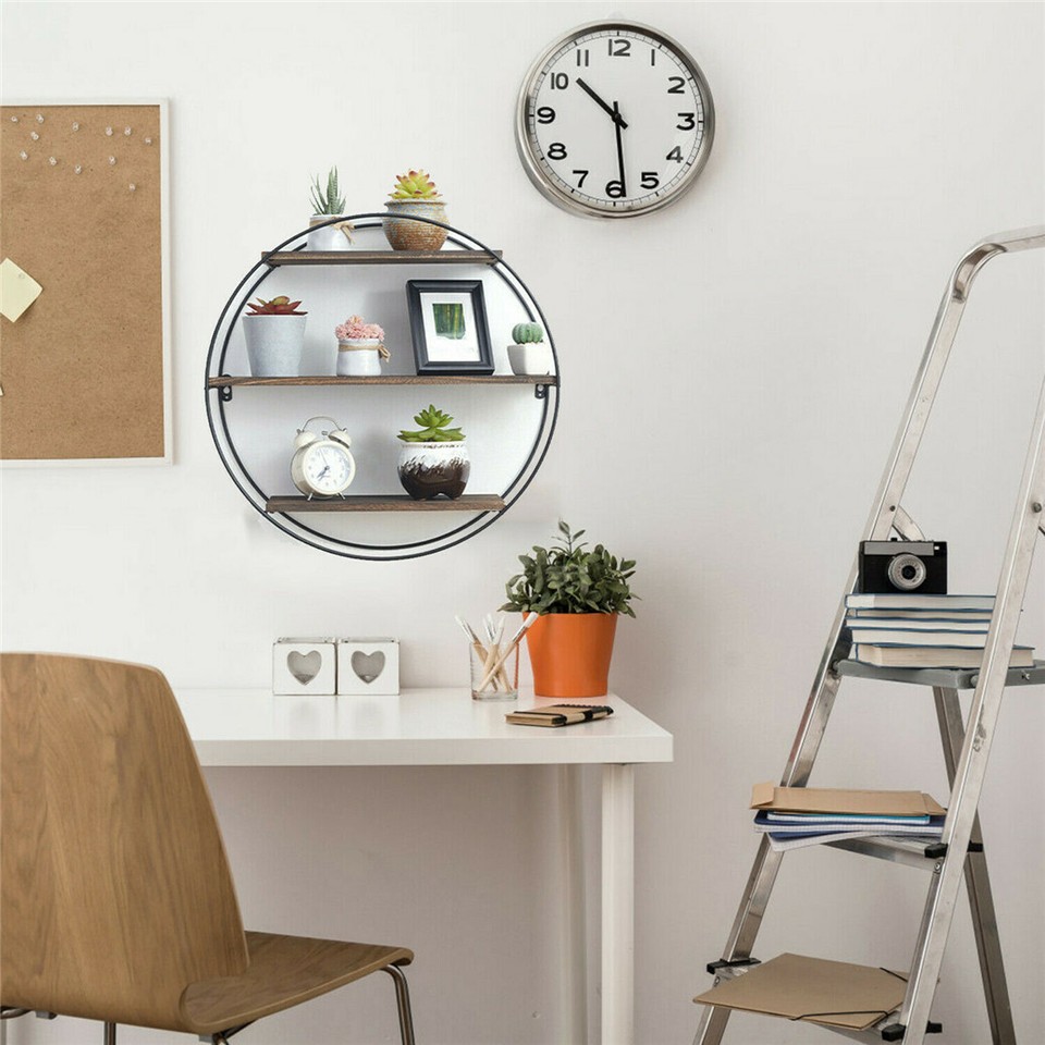 Circle Rustic Decor Floating Wall Shelves Metal Storage Rack Bedroom ...
