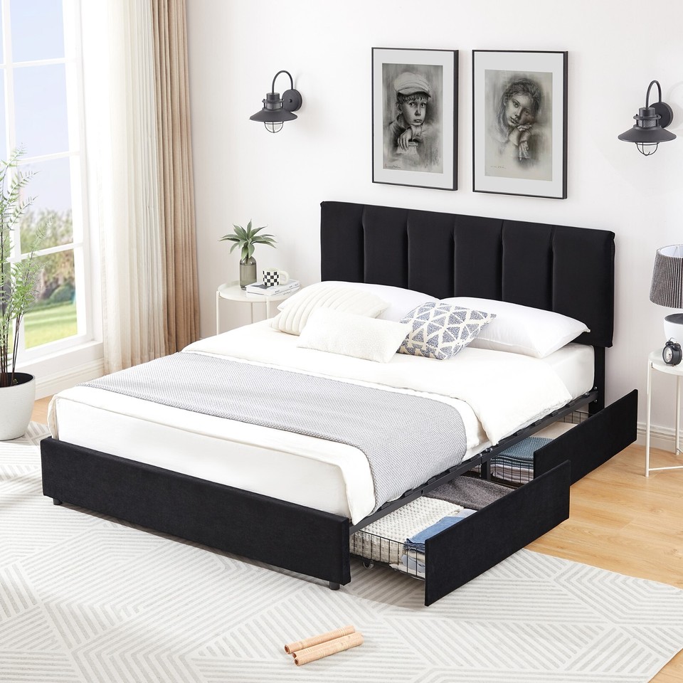 VECELO Upholstered Queen Full Bed Frame w/ 4 Storage Drawer Wooden Slat ...