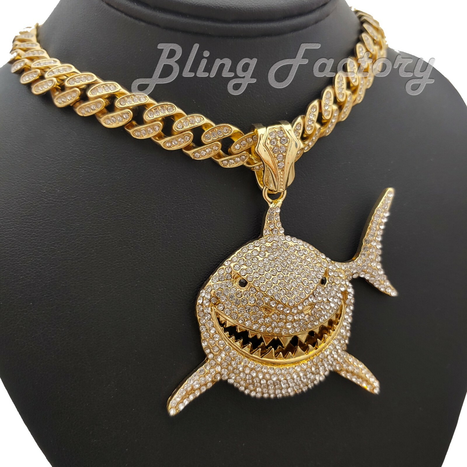 6ix9ine Iced Shark Large Pendant 16" ~ 24" Full Iced Cuban Chain Bling ...