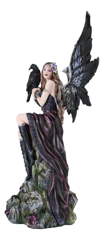 Necromancy Gothic Black Fairy With Raven Crow Sitting On Rock Figurine ...