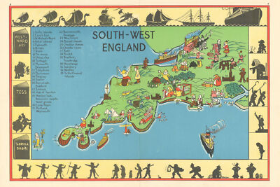 South-West England pictorial map. Devon Cornwall Somerset Dorset ...