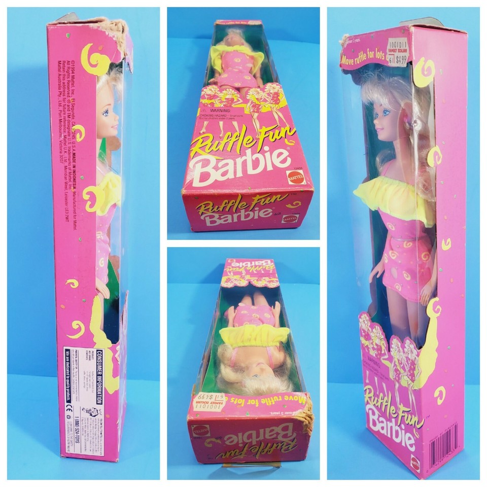 Lot Two (2) NEW Barbie Dolls 1994 Ruffle Fun #12433 & 1996 Flower Fun ...