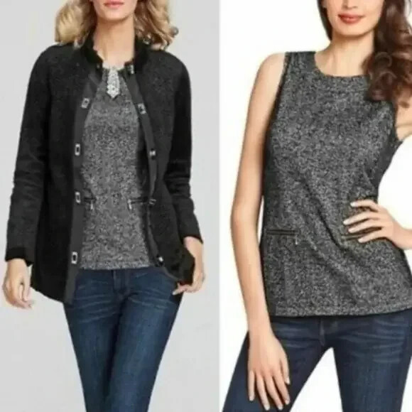 CAbi CeCe Shell Dark Gray Herringbone Tweed Zip Pocke… - Gem