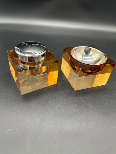 Faceted Amber Lucite Ashtray and Lighter Set - Chrome and Silver ...