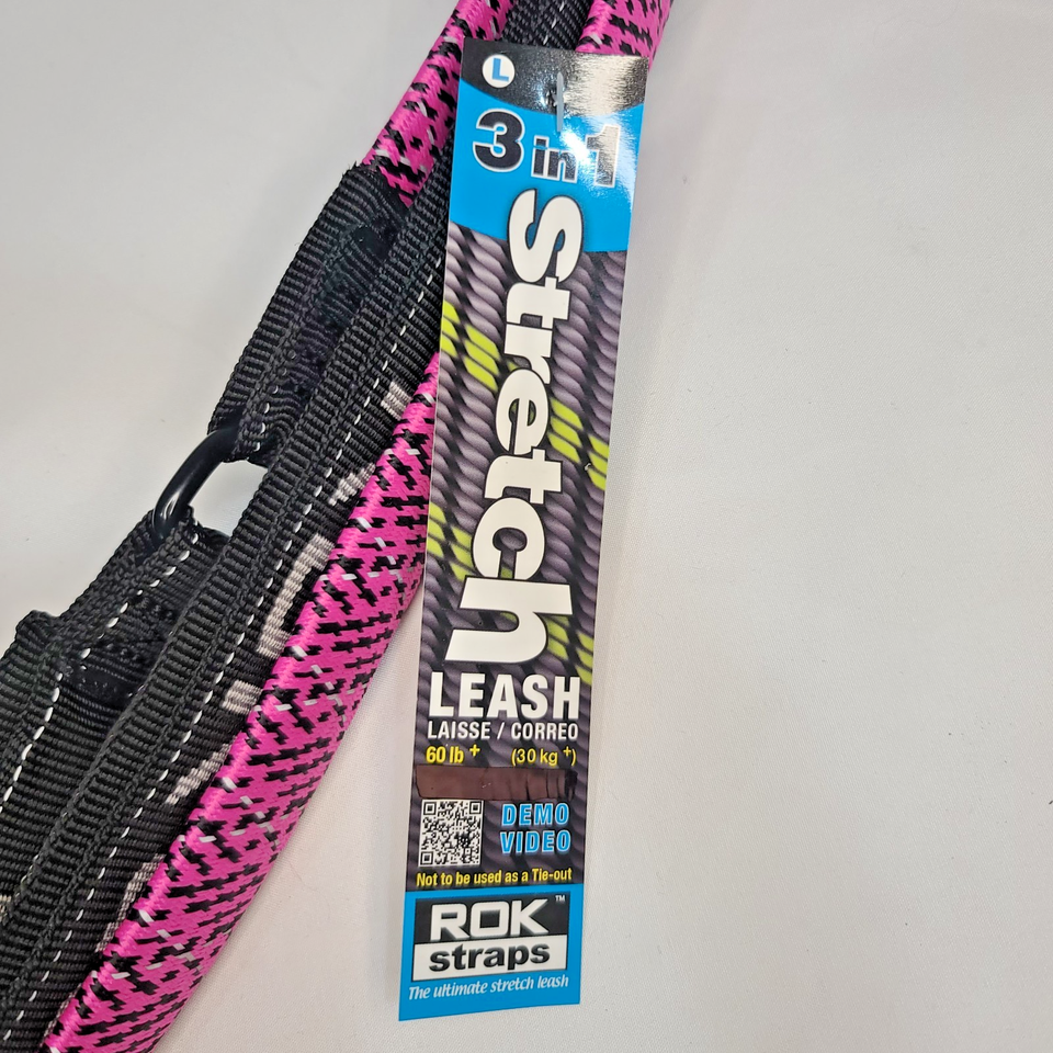 Rok Straps stretch dog leash Lrg 60 + lb 54" reflective Pink/Black NEW ...