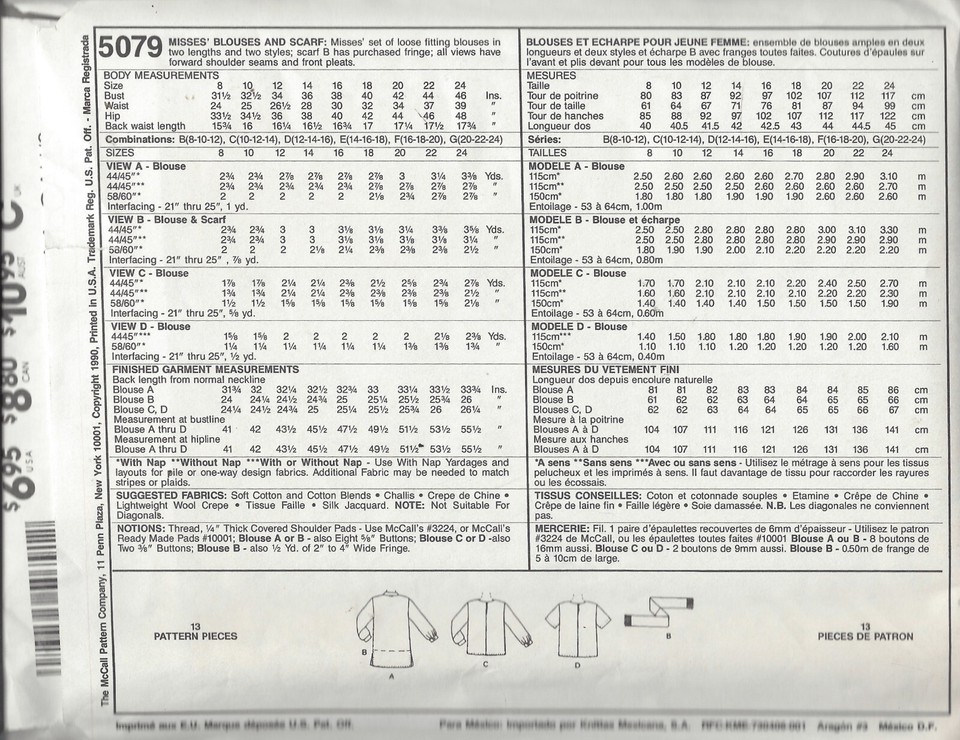 McCall's 5079 Sewing Pattern Misses Blouse & Scarf -size 8-10-12 UNCUT ...