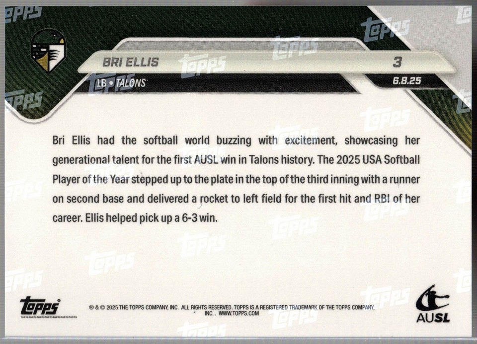 2025 Topps Now AUSL Softball #3 Bri Ellis Rookie Card RC Talons PR ...