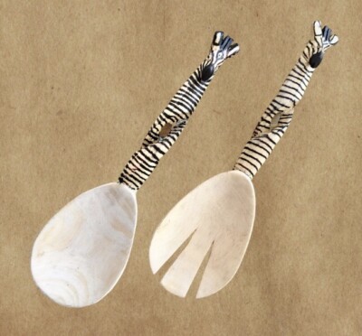 Wood Salad Tongs Zebra Hand Carved | eBay