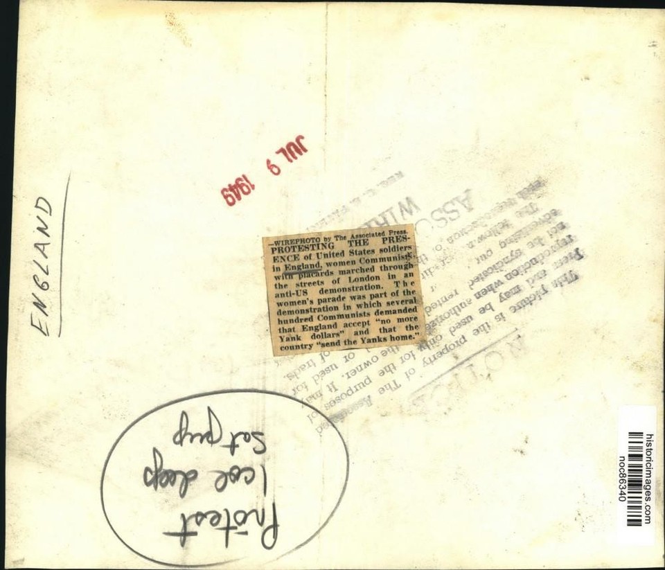 1949 Press Photo Protesters carry picket signs against U.S. soldiers in ...