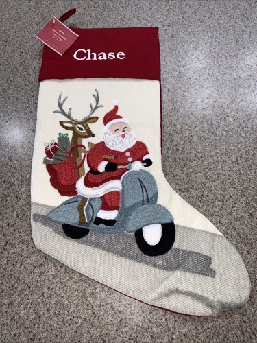 Pottery Barn CREWEL Santa on Motorcycle CHRISTMAS STOCKING Monogrammed ...