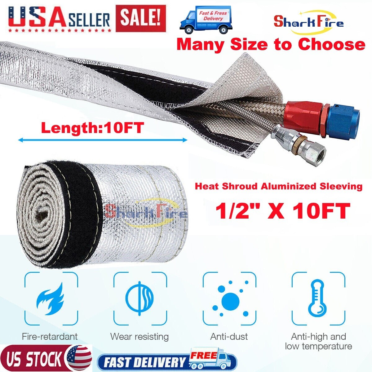 10'Heat Shroud Sleeve Aluminized Sleeving Heat Shield Fuel Line Wire ...