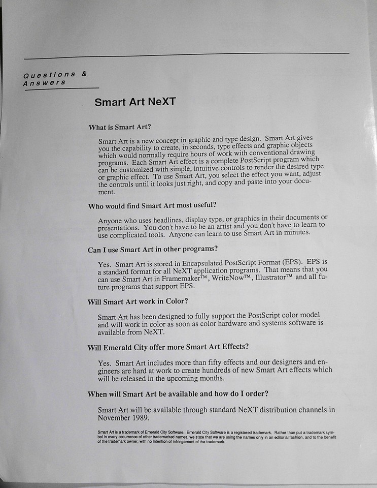 Smart Art for NeXT computers Fact Sheet, 1989. New concept in graphic ...