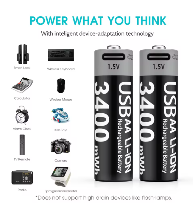 AA & AAA Rechargeable Batteries Type-C Lithium-Ion Li-Ion 1.5v 1100 mWh ...