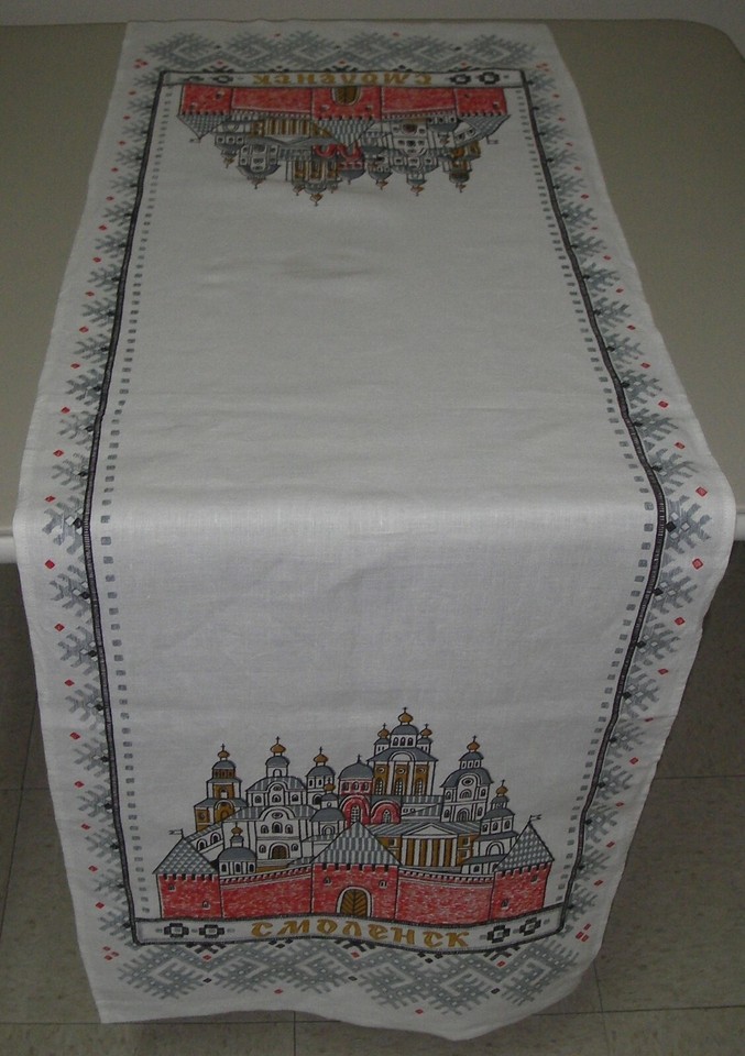 Vintage Table Runner Fabric Linen Russia Cmonehck Orthodox Scene 18" x ...