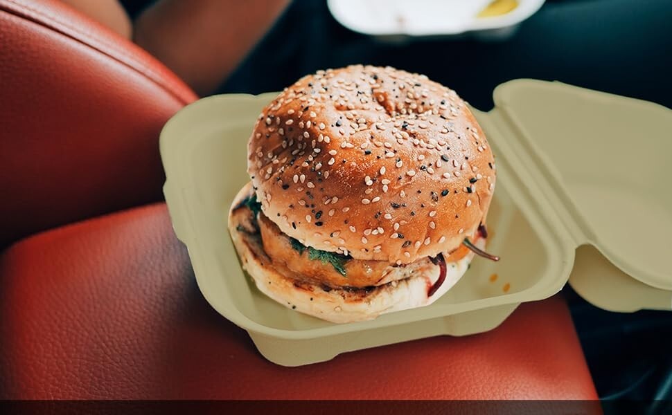 Pack of 100 HP6 Food Take Away BURGER BOX Infinity Bagasse Disposable ...