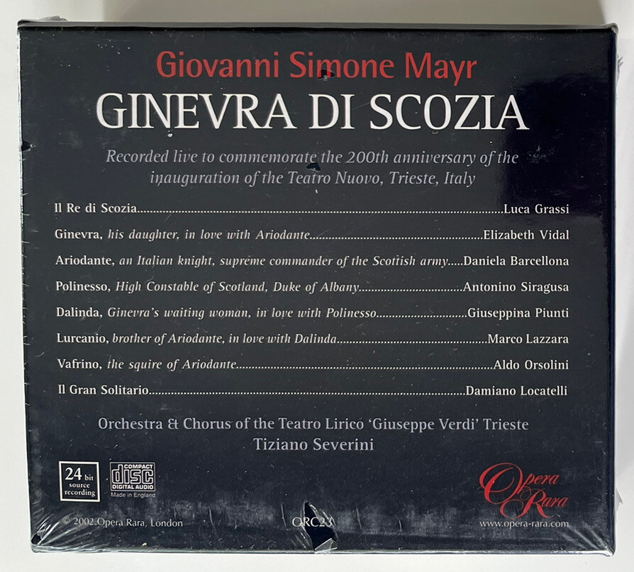 Giovanni Simone Mayr Ginevra Di Scozia 2002 Opera Rara Live 3 Cds Box ...