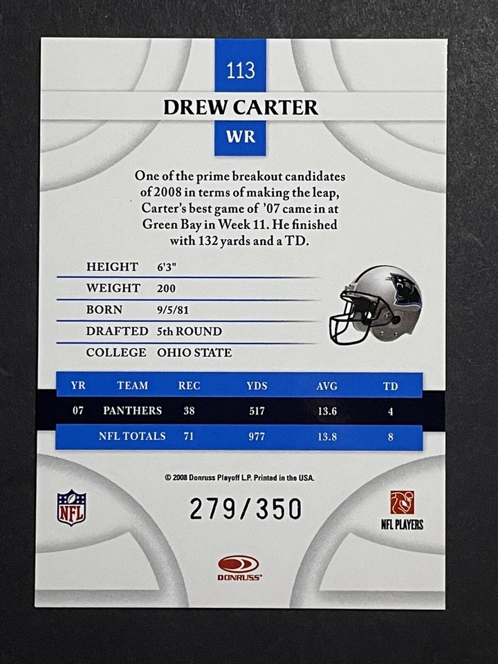2008 Donruss Threads Drew Carter Blue Century SP Card #/350 - Panthers ...