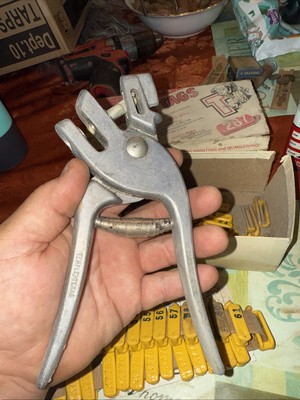 Vintage cattle ear punch pliers Temple Tags and old box with tags | eBay