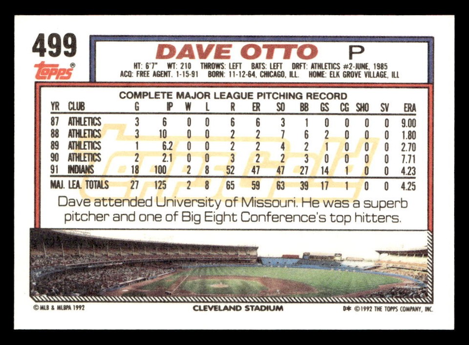 Dave Otto 1992 Topps Card #499 Cleveland Indians | eBay