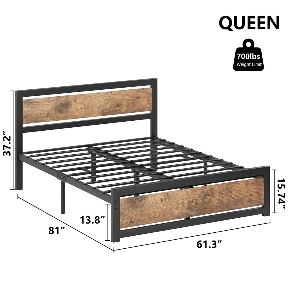 Full Queen King Size Bed Frame with Wooden Headboard Heavy Duty Metal ...